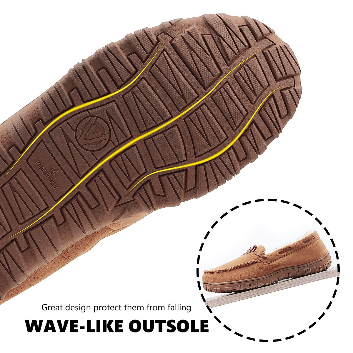 VLLy Slippers for Men Outdoor House Moccasins with Non-Slip Rubber Sole and Memory Foam Comfortable Insole Easy Wear Style Brown Size 11 US