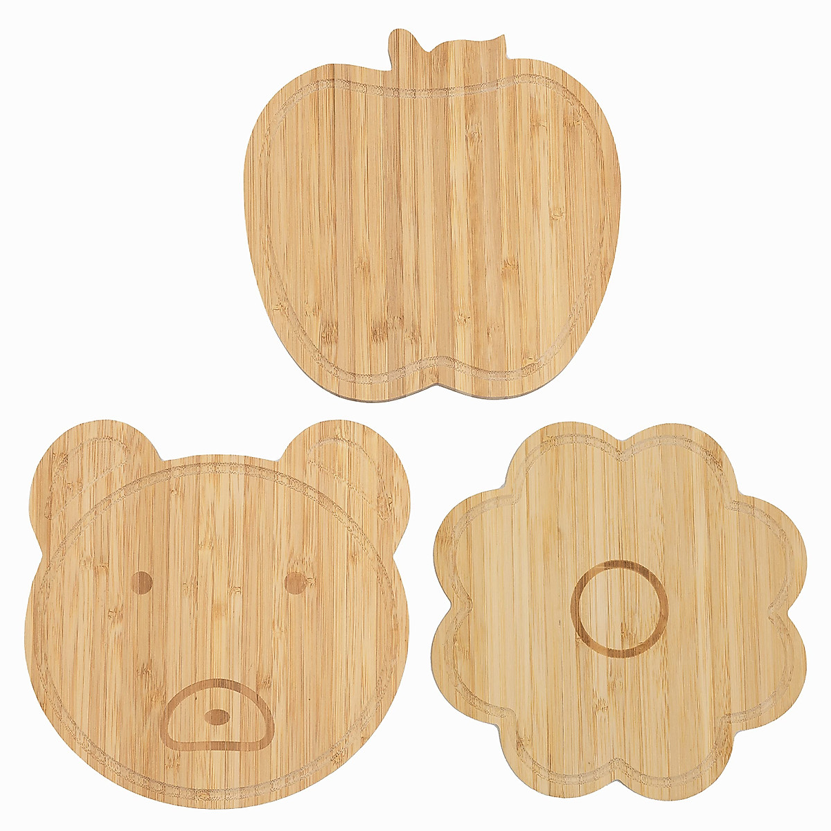 smartified Small Cutting Boards, Sustainable Bamboo Wood, Multipurpose as Kids’ Plates and Kitchen Decor, 3 pcs, Apple-Bear-Flower Designs, 7.5’’x7.5’’x0.4’’