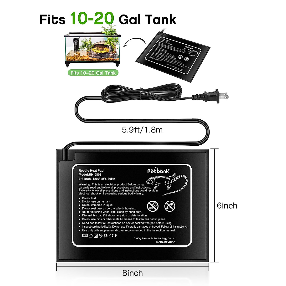 Reptile Heat Pad - Reptile Heating Pad Under Tank Heater for 10-20gal Tank, Terrarium Heat Mat Reptile Tank Accessories for Gecko/Bearded Dragon/Snake/Lizard/Frog/Spider/Plant Box,6 x 8in