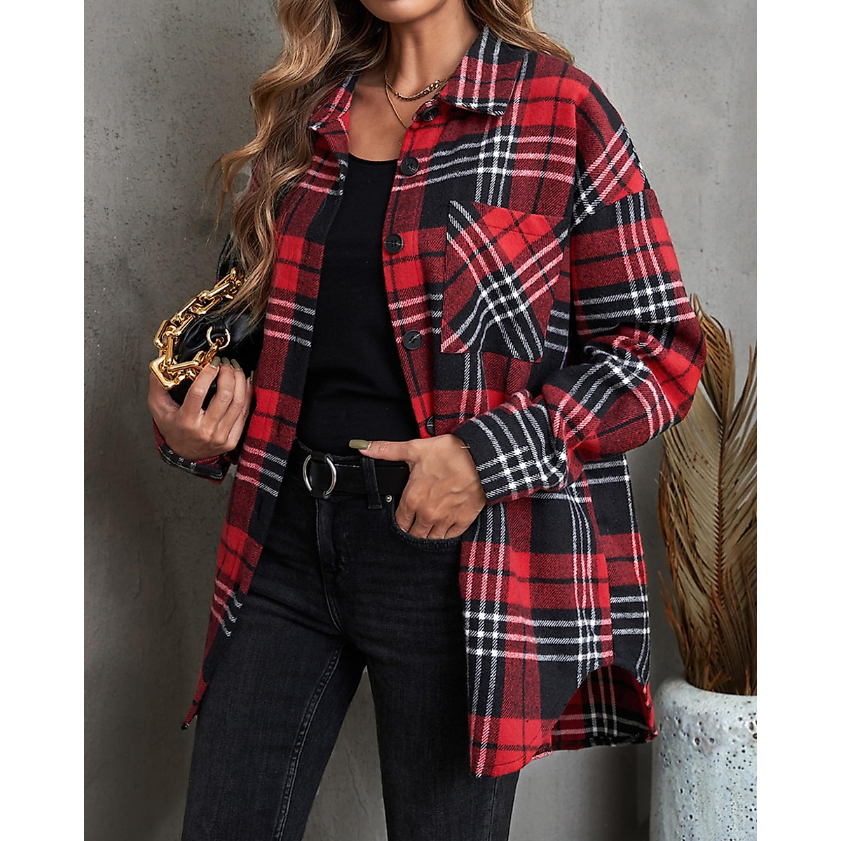BTFBM Women's Long Sleeve Button Down Jackets Plaid Flannel Shirts Tops Casual Lapel V Neck Oversized Shackets Blouses Top (X-Large, Plaid Print Red)