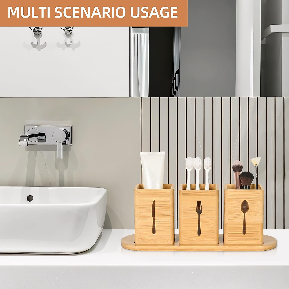 GEHE Silverware Caddy for Countertop, Natural Bamboo Utensil Caddy for Parties, Utensil Holder with 3 Compartment, Silverware Organizer Storage Containers for Spoons, Forks and knives