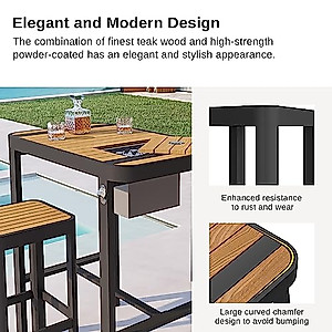 EAST OAK Signature 3-Piece Outdoor Bar Set, Patio Table with Teak Wood and Aluminum, Outdoor Patio Furniture for 2, Outdoor High Top Table and Chairs Set for Backyard, Garden and Pool, Dark Grey