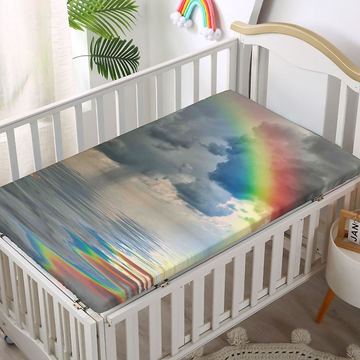Rainbow Themed Fitted Crib Sheet,Standard Crib Mattress Fitted Sheet Toddler Bed Mattress Sheets-Baby Sheet for Boys Girls,28“ x52“,Pale Grey Multicolor