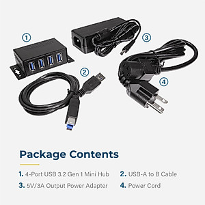 USB 3.2 Powered 4-Port Mini Hub, 5Gbps Fast Data Transfer with ESD & Surge Protection – Durable and Mountable USB Hub