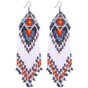 Coeufuedy White Beaded Earrings for Women Seed Bead Earrings Bohemian Statement Drop Fringe Earring for Girls(White)
