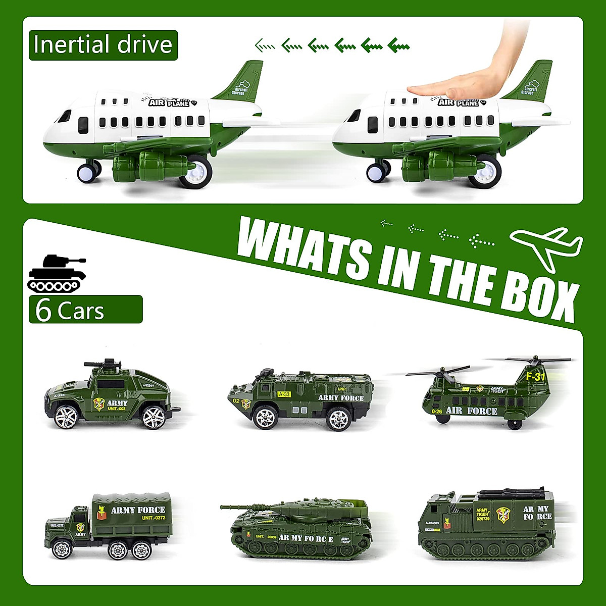 UNIH Airplane Toys Set, Transport Cargo Airplane and 6PCS Mini Army Vehicles, Military Vehicle Play Set Birthday for Kids Toddlers Boys 3 4 5 6 Years Old