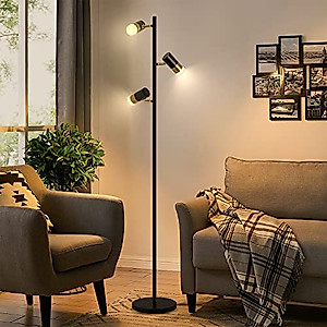 ADISUN LED Tree Floor Lamp for Living Room,Bedroom Black Standing Floor Lamp for Office,Bedroom,Dimmable Tall Lamp for Reading with 3 Adjustable Heads,Remote Control