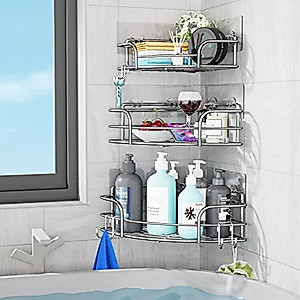 3 Pack Corner Shower Caddy: Stainless Steel No-drilling Bathroom Organizer for All 90° Corners- Installed in Minutes, Heavy Duty Shower Shelves for Storage- 6 Metal Hooks with Caps, 2 Extra Adhesives