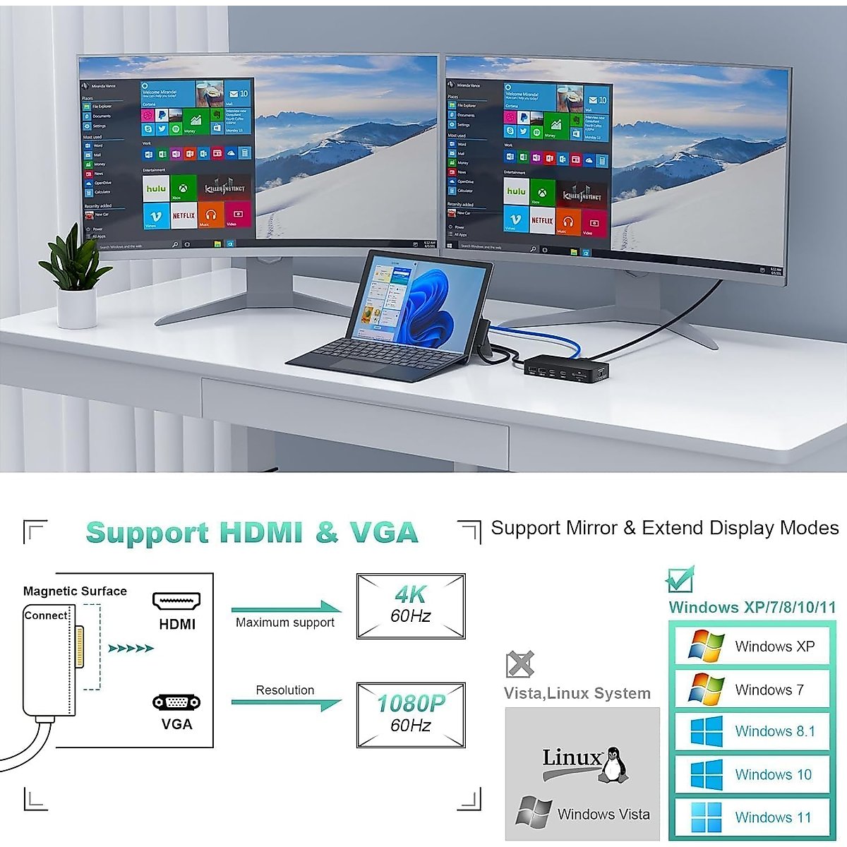 MTAKYI Surface Dock Triple Display with Power Supply, 12 in 1 Surface Pro Docking Station Dual 4K HDMI+VGA for Surface Pro 9/8/X/7/6/5/4/3, Surface Laptop go/5/4/3/2/1 USB C Splitter