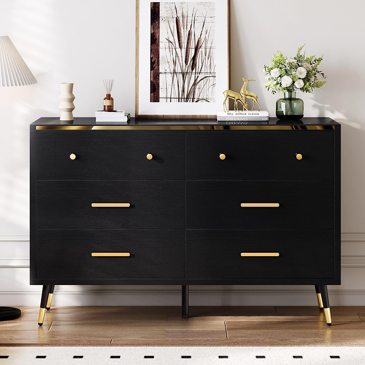 DWVO Black 6 Drawer Dresser, 47" W Large Double Dresser Chest of Drawers, Modern Wood Storage Dresser Organizer with Golden Metal Handles & Anti-Tipping Device for Hallway, Entryway, Dresser Room