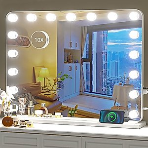 Hasipu Vanity Mirror with Lights, 31.5" x 23.6" Hollywood Mirror, Makeup Mirror with 17 Dimmable Bulbs and 10X Magnification, 3 Colors Modes, Touch Control, USB Charging Port, Type-C, White