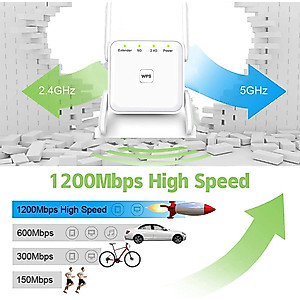 WiFi Range Extender, 1200Mbps WiFi Range Extender Wireless Signal Repeater Booster, Dual Band 2.4G and 5G Expander, 4 Antennas 360° Full Coverage, Extend WiFi Signal to Smart Home Devices（1200M）