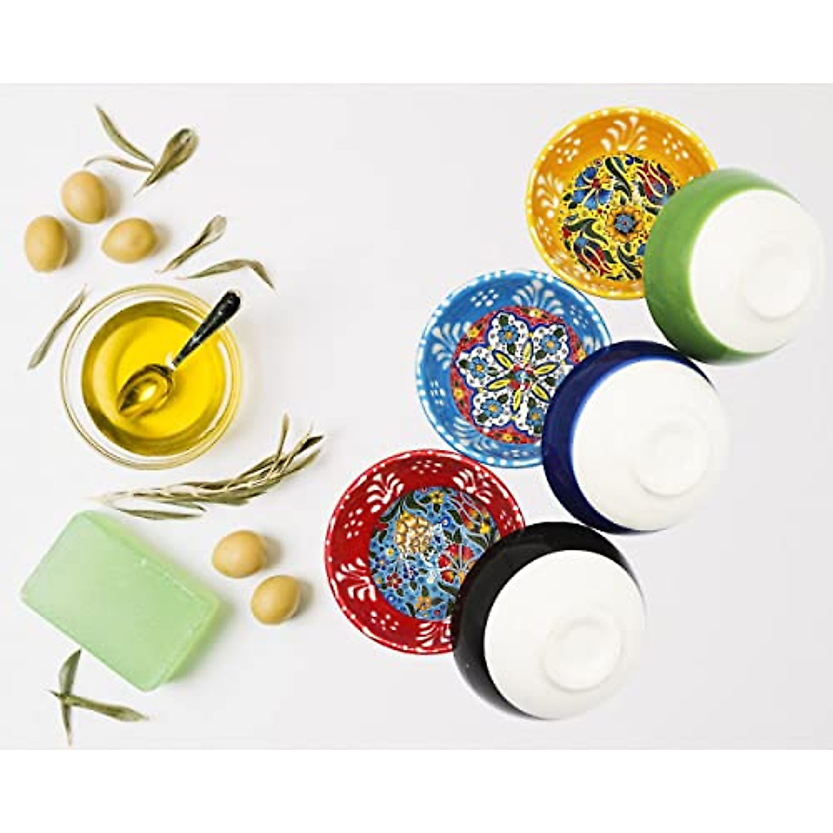 HeraCraft 6pcs Hand Painted Turkish Ceramic Snack Bowls 3.35''/8.5cm-74ml/2.5 oz Decorative Ottoman Tulips Design Multi-Purpose Cute Set - Pinch Sauce Dipping Finger Small Serving Bowls