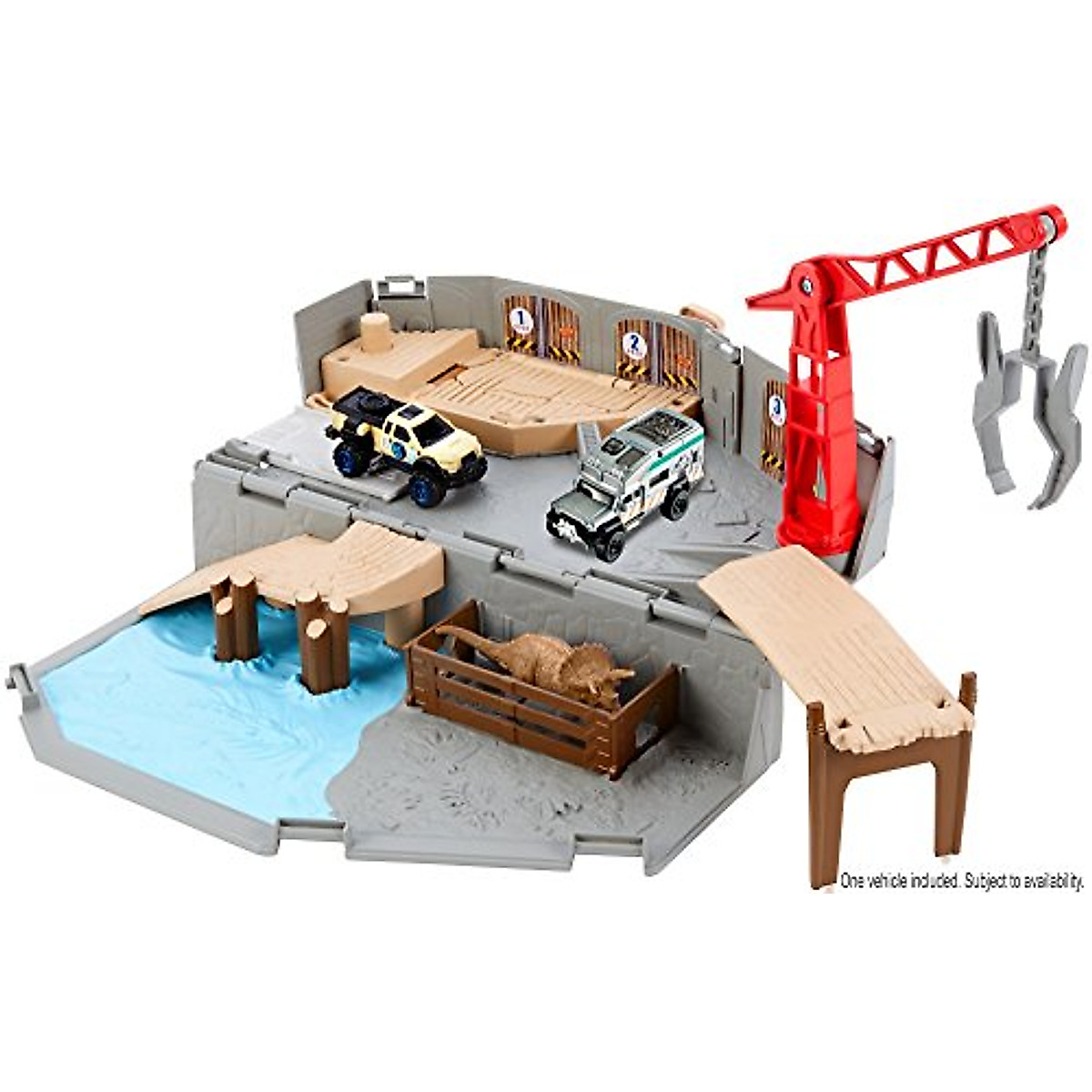 Jurassic World Toys Matchbox Harbor Rescue Playset, Dock, Ramps, Crane, Habitat Pen, Push Button Trigger, Triceratops Dino Action Figure, Off Road vehicle, Folds Up for Easy Storage, Portable
