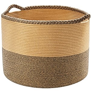 Turnextte Cotton Rope Basket, 22'' X16'' Super Large Blanket Storage Basket, Large Woven Laundry Basket with Reinforced Handles, Blanket Basket Living Room, Black and Brown