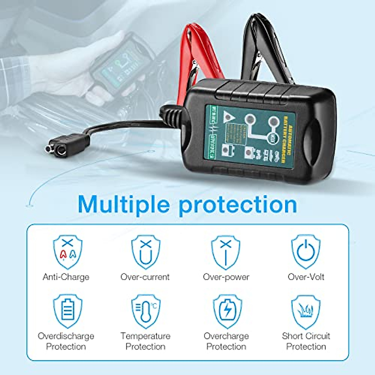 EBL 6V 12V Battery Charger 1.5A Car Charger - Portable Automotive Car Battery Charger Trickle Charger Battery Maintainer with Temperature Compensation for Cars, Motorcycles, Boats, ATVs, RVs