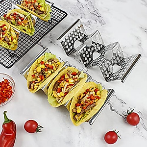 4 Pack Stainless Steel Taco Holders, Premium Taco Stands, Holds 2 Or 3 Tacos Each Taco Tray, Taco Rack With Easy-Access Handle, Food Grade Taco Plate Shells Oven & Grill Safe, BPA Free(Hollow)