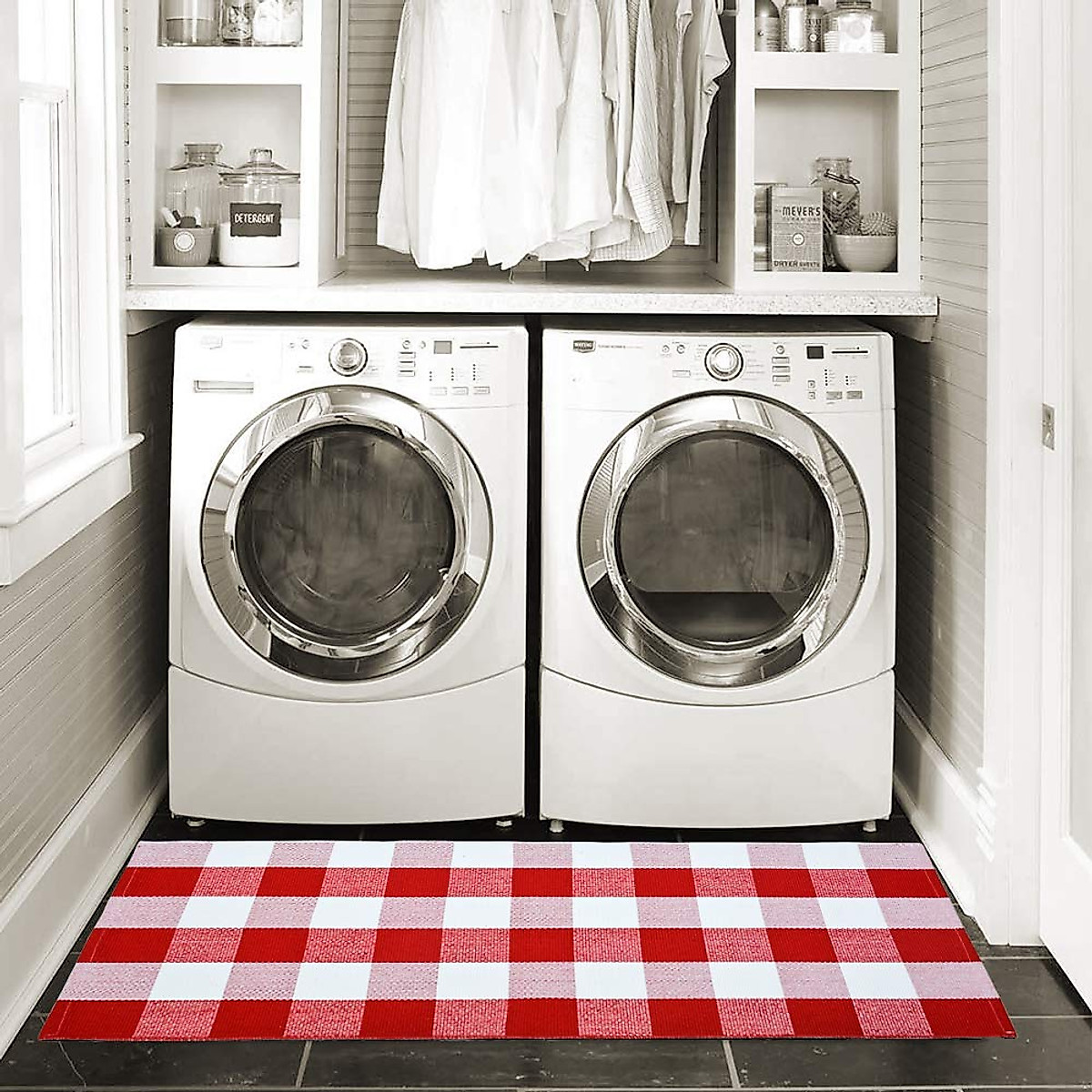 USTIDE Cotton Buffalo Plaid Rug Red&White Check Rugs 23.6"X51" Hand-Woven Indoor or Outdoor Rugs for Layered Door Mats Washable Carpet for Front Porch/Kitchen/Farmhouse/Entryway