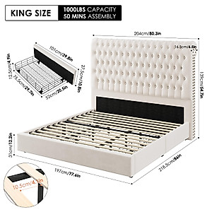 King Size Bed Frame 55" Tall Headboard with Gorgeous Button Tufted and Nail, Velvet Fabric Upholstered Bed Frame includes 4 Under-bed Storage Drawers, Wooden Slats, Noise-Free, Easy Assembly, Beige