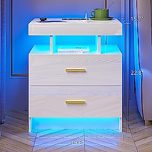 HNEBC LED Nightstand, RGB White Night Stand with USB/Wireless Charging Station, Modern Bedside Table has Auto Sensor RGB Lights, End Side Table with 2 Drawer for Bedroom Furniture, White