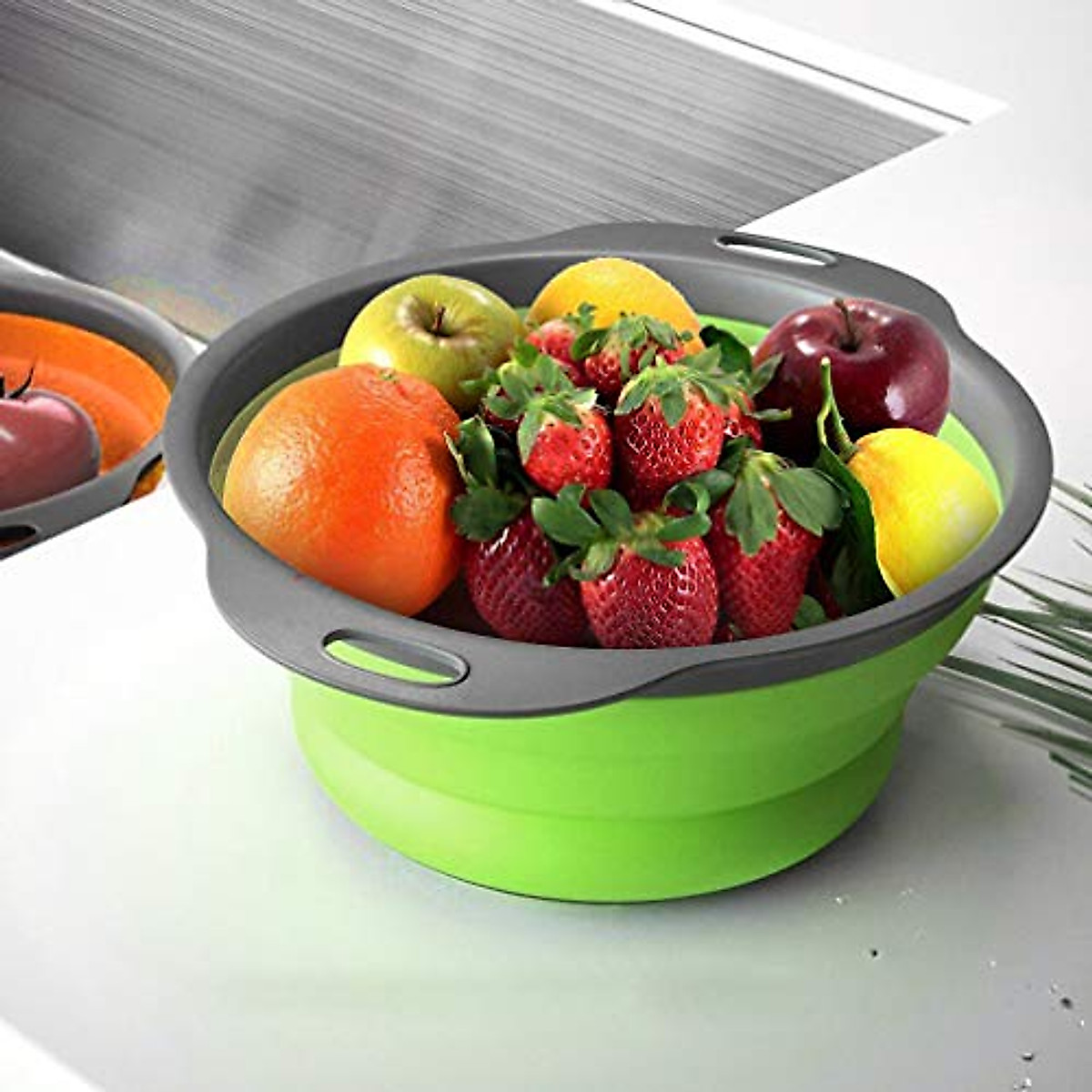 QiMH Collapsible Colander and Strainer Set of 4, 2 PC 4 Quart(1 gal) and 2 PC 2 Quart(0.5 gal), Food-grade Sturdy Plastic Base - Round Space-save Silicone Kitchen Foldable Strainer for Pasta, Veggies