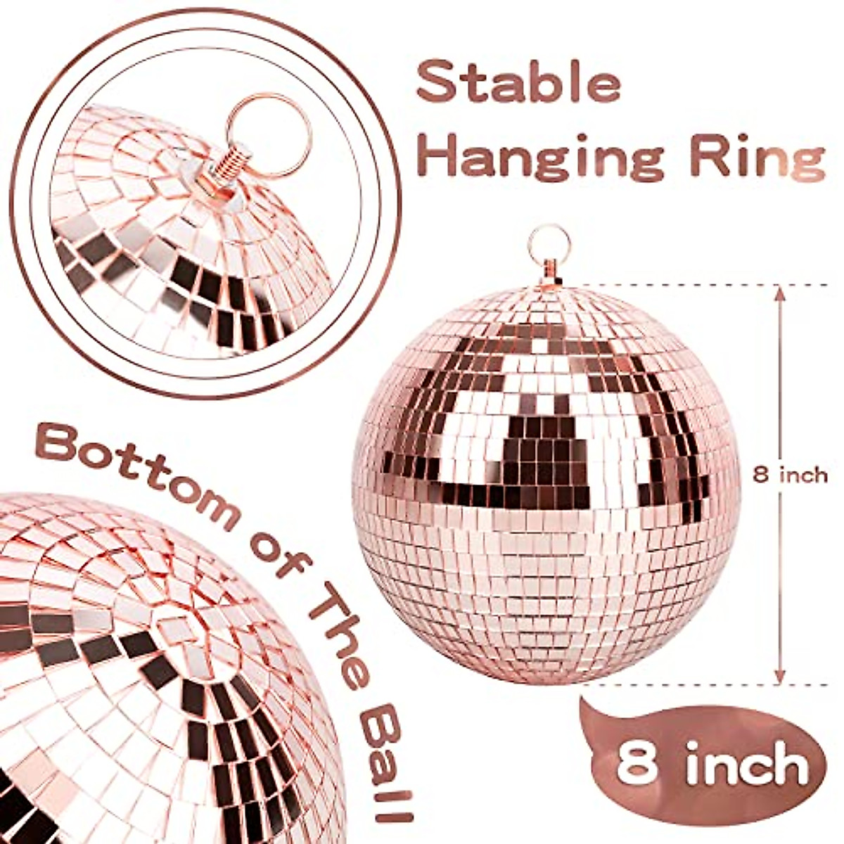 Mirror Ball for Disco DJ Club Party Wedding Home Decor, Muscab 8 Inch Disco Ball with Hanging Ring, Rose Gold