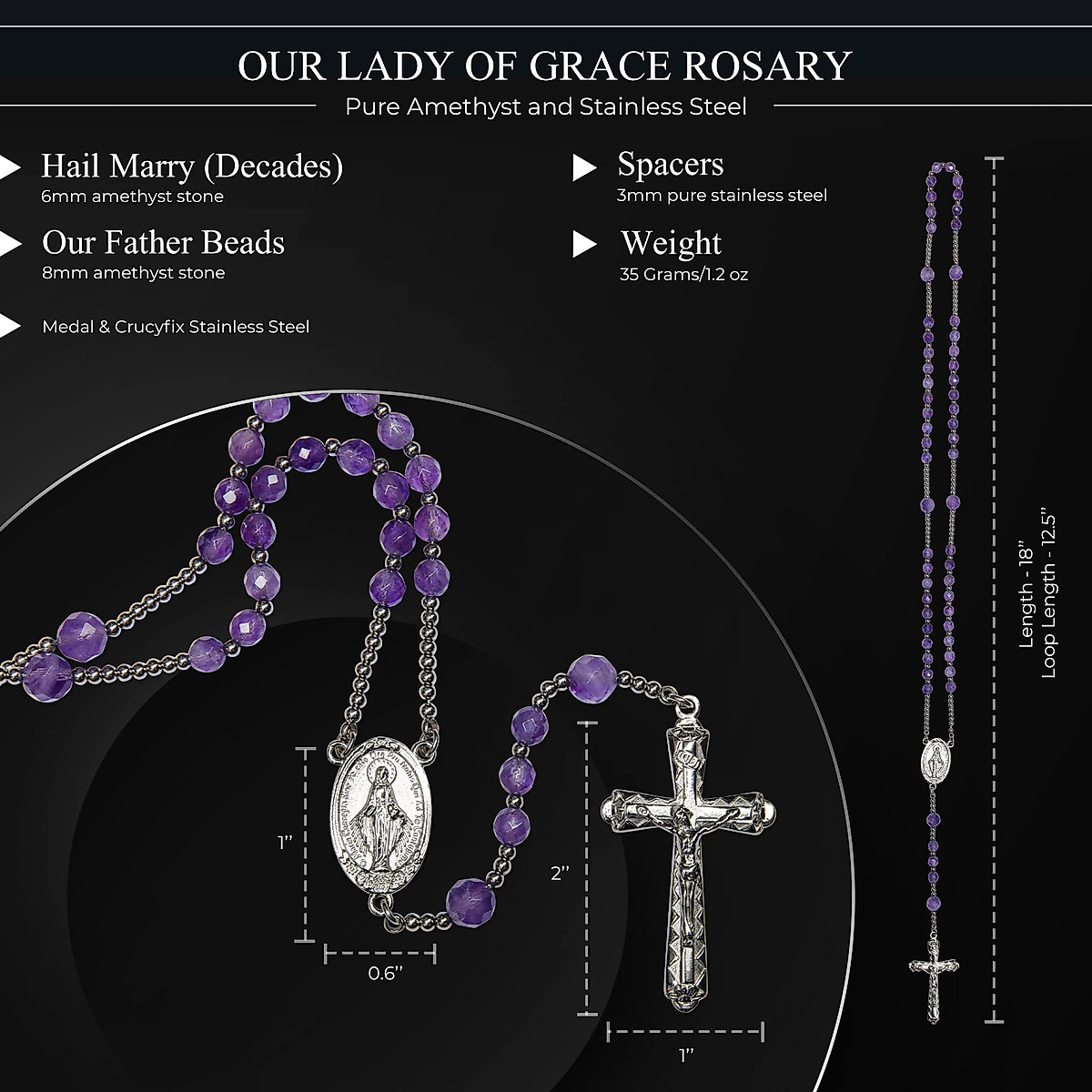 Our Lady Rosary Beads Catholic for Women, Miraculous Medal original Amethyst and Stainless Steel Rosary