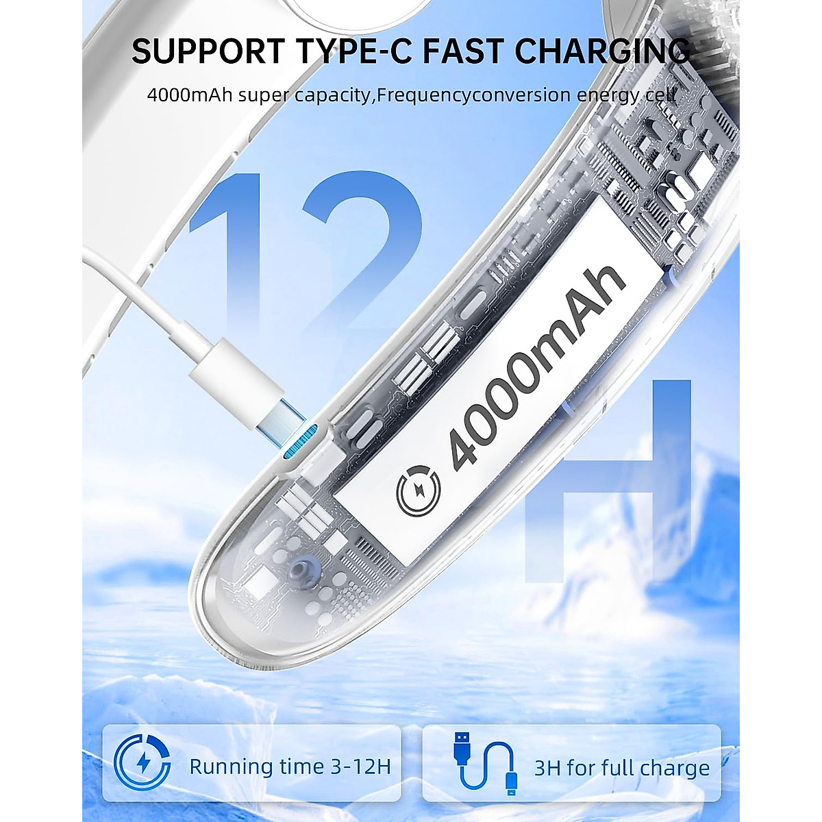 LINFOX Neck Fan,Portable Ultrathin Bladeless Neck Fan,4000mAh Rechargeable Battery Powered,3 Speeds Adjustable,Relaxed Without Feeling,Travel Essentials for Women and Man,Top Holiday Gifts(White)