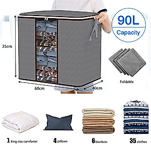 Fixwal Clothes Storage Bags 6 Pack 90L Large Capacity Storage Container for Comforter, Clothing, Blankets, Bedding, Foldable Closet Organizer Storage Bins with Sturdy Zipper Reinforced Handle, Grey