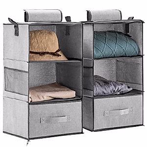 YOUDENOVA Hanging Closet Organizers and Storage, Two 3-Shelf Closet Hanging Shelves with Drawers, Canvas, Beige