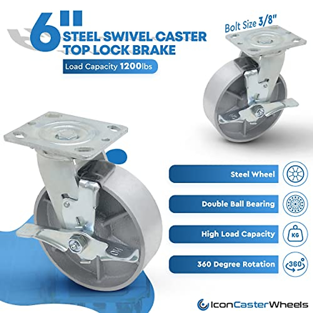 IconCasterWheels 6" x 2" Steel Heavy Duty Caster, Set of 4 Industrial Casters | 2 Swivel Top Lock Brake Caster & 2 Rigid Top Plate Caster | Top Plate 4 x 4.5", Load Capacity 4,800 lbs per Set (4-Pack)