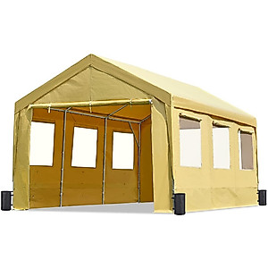 ADVANCE OUTDOOR 10x20 ft Heavy Duty Adjustable Carport with 6 Roll-up Ventilated Windows & Removable Sidewalls Car Canopy Garage Boat Shelter Party Tent, Peak Height from 9.5ft to 11ft, Beige Yellow