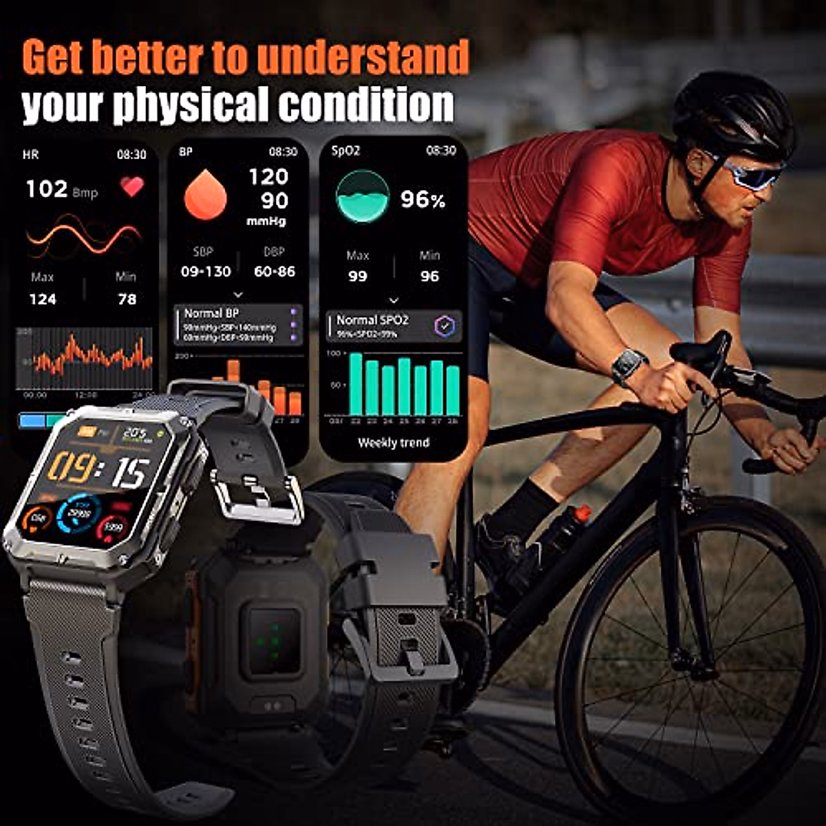 meoonley Military Rugged Smartwatch for Men,Sport Watch with Answer/Make Call IP68 1.83 inch Fitness Tracker Pedometer SpO2 for Outdoor Enthusiasts