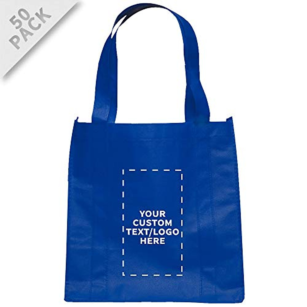 DISCOUNT PROMOS Custom Reusable Grocery Tote Bag for Shopping - 50 Pack - Personalized Logo, Text -Small Foldable Bags – Blue