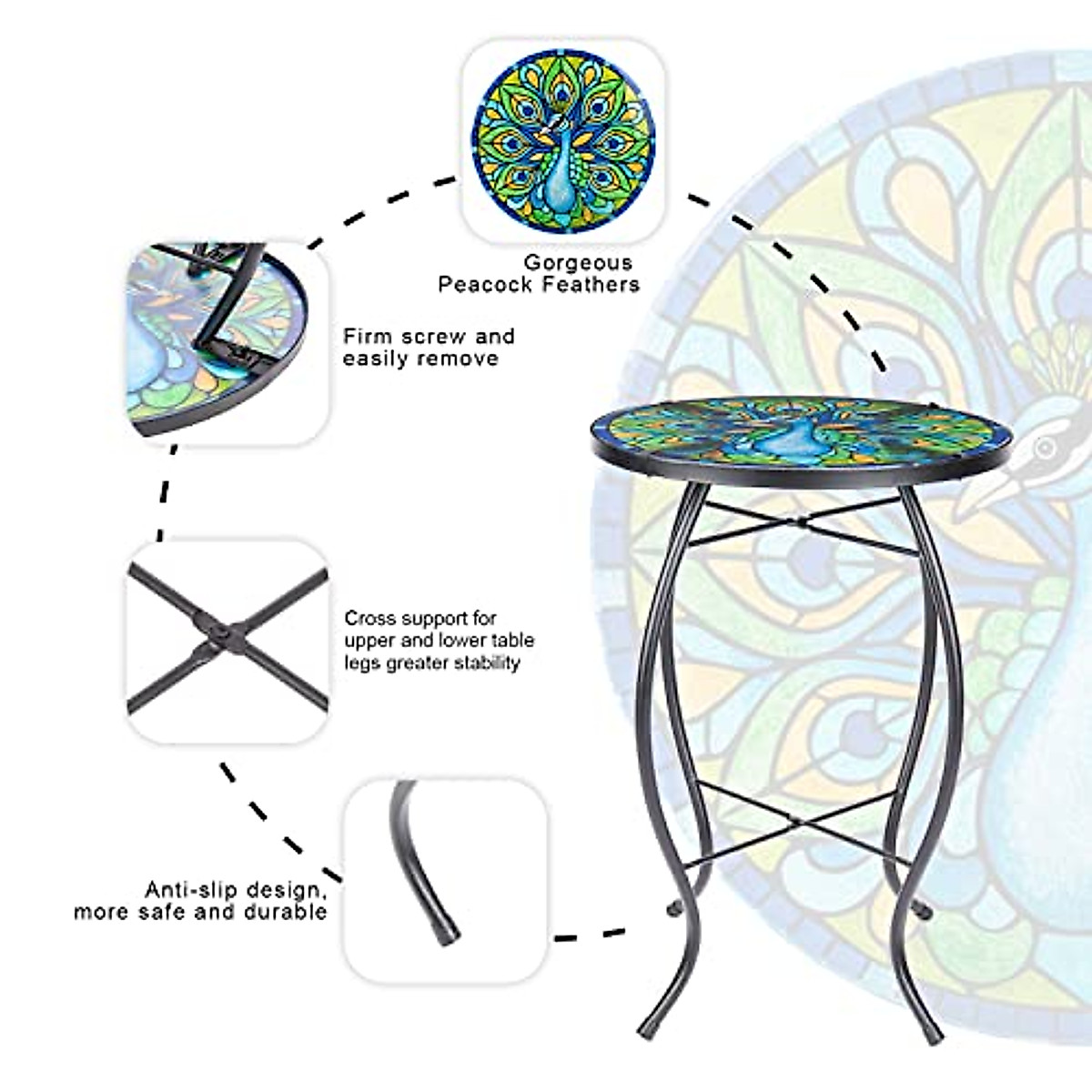 MUMTOP Outdoor Side Table - Small Mosaic Patio Table, Peacock 14” Round Accent End Coffee Table Glass Plant Stand for Garden Patio Living Room(Green)