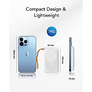 VRURC Magnetic Power Bank for iPhone, 10000mAh Wireless Portable Charger, 5W/7.5/10W/15W Charging & Max 22.5W USB Port Fast Charging, Battery Pack Compatible with iPhone 14/13/12 Series - White