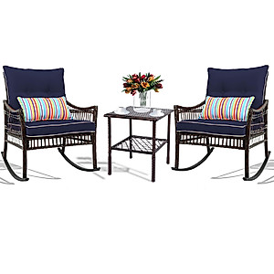 DECMICO Outdoor Rocking Chairs 3 Pieces Patio Conversation Front Porch Furniture, Wicker Rocking Chairs Bistro Set with Coffee Table for Garden and Balcony (Brown Rattan Royal Blue Cushion)