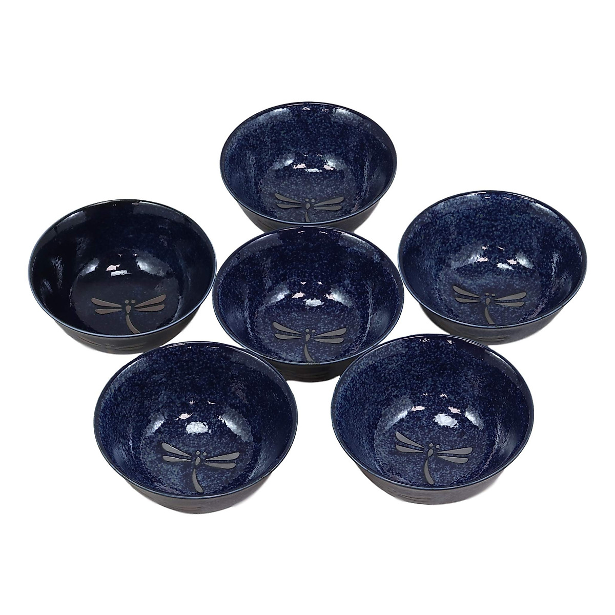 Ebros Gift Made in Japan Blue Tombo Dragonfly Design Ochawan Rice Soup Porcelain Bowls Set of 6 Home Decor Japanese Zen Fusion Asian Living Accent Housewarming Birthday Gifts Bowl Set