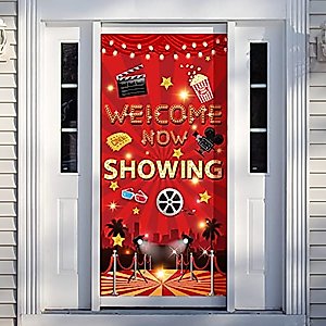 Movie Night Party Door Cover Sign Movie Theme Party Decorations Theater Movie Night Supplies Welcome Now Showing Movie Night Party Backdrop for Wedding Theater Birthday Accessory, 71 x 35.4 Inches