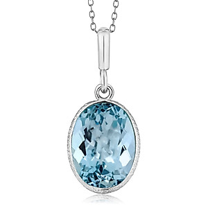 Gem Stone King 925 Sterling Silver Blue Topaz Pendant Necklace For Women | 7.00 Cttw | Gemstone Birthstone | 14X10MM Oval Shape | With 18 Inch Silver Chain
