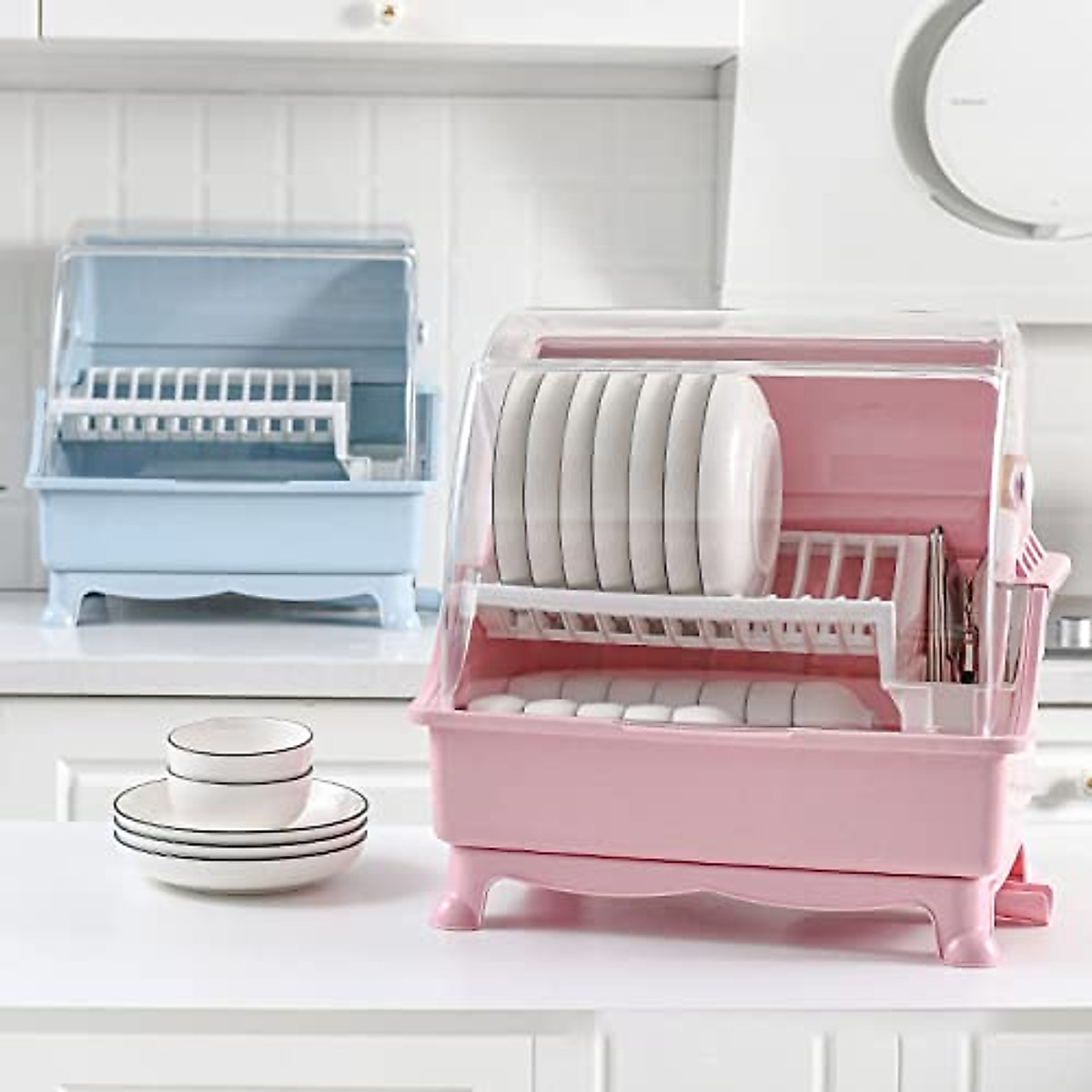 Pilipane Dish Drying Rack, Dish Rack with Cover, Cutlery Dish Drainer Rack with Lid Cover,Over The Sink Dish Drying Rack, Multifunctional Kitchen Tableware Storage Box(Pink)