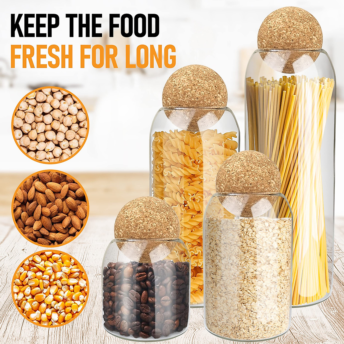 HOMEARAY Glass Food Storage Jars with Lids – Premium Transparent Cereal Jars Storage with Ball Cork Lid – Flour and Sugar Jars with Cork Stopper – Ideal for Storing Your Food