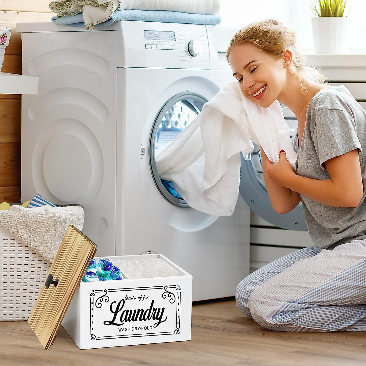 Ukonvi Dryer Sheet Container for Laundry Room Organization and Storage, Wood Laundry Pods Container with Lid, White Dryer Sheet Holder for Laundry Room Decor