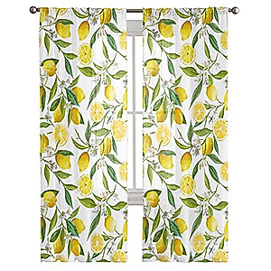 AMZRicher Lemon Sheer Curtains 72 Inch Length 2 Panels Set, Summer Garden Fruit Lemon Slice and Leaves Semi Transparent Voile Rod Pocket Curtains for Living Dining Room Bedroom Drapes