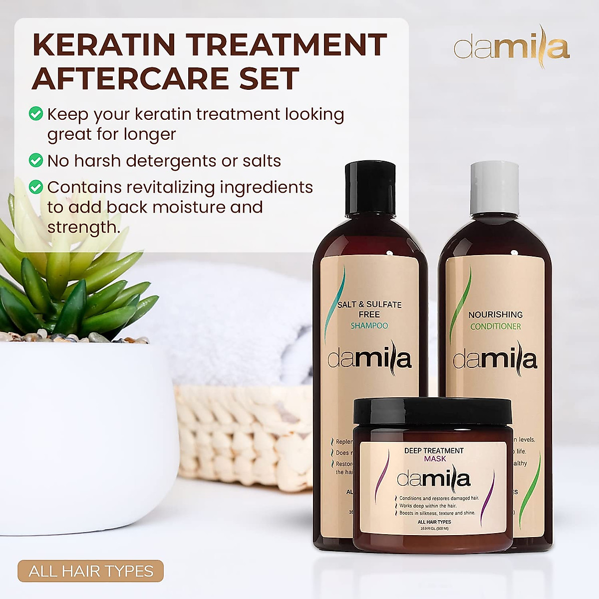 Damila Salt & Sulfate Free Shampoo & Nourishing Conditioner Set, 16.9 fl oz & Deep Treatment Mask, 16.9 fl oz