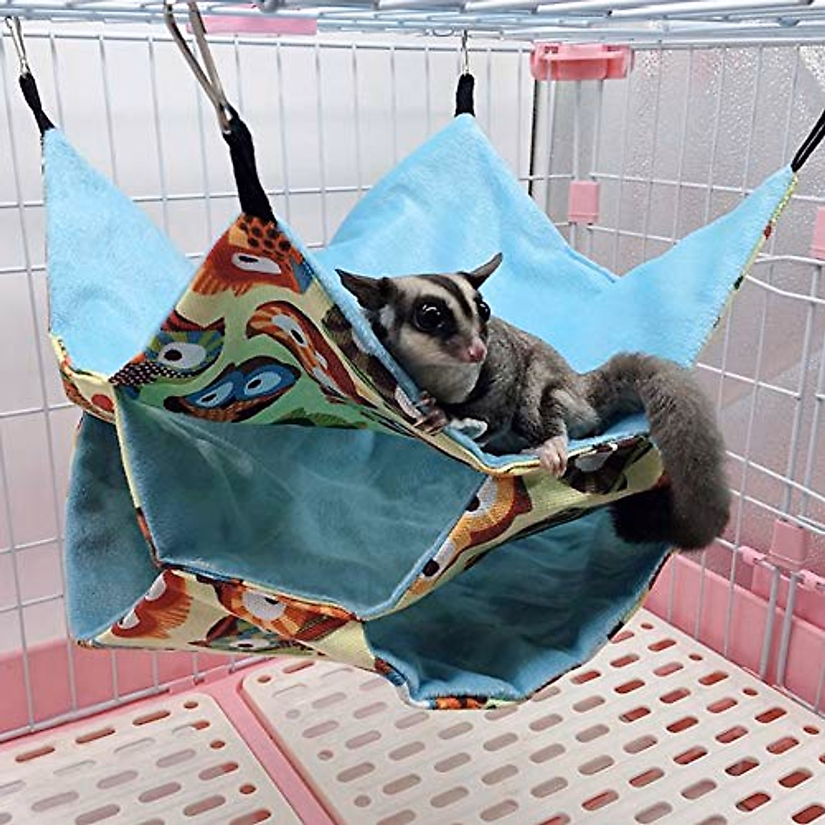 Small Animal Hanging Hammock Pet Swinging Bed 3 Tier Sleep Nap Sack Cage Accessories Kit Set Tunnel Ferret Rat Cave Sugar Glider Hideouts Warm Bedding for Squirrel Guinea Pig Parrot Rat (Owl Pattern)