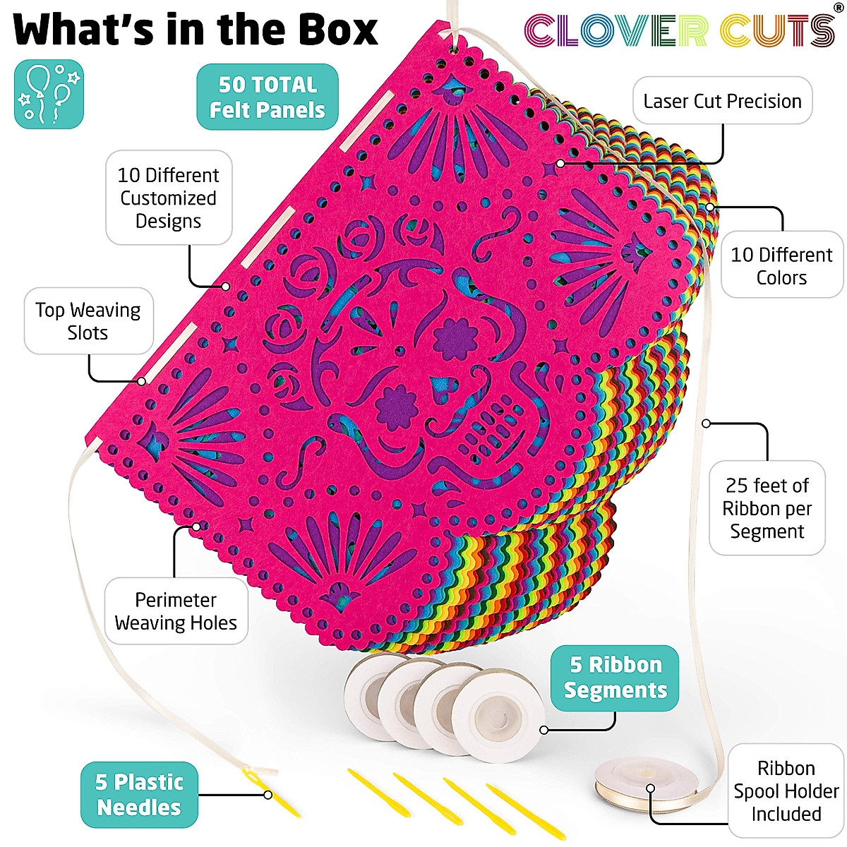 CLOVER CUTS, 50 Multi-Colored Felt Papel Picado Banners, Fiesta Party Decorations, Cinco de Mayo Decorations, Día de Los Muertos Decorations