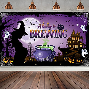 Halloween Baby Shower Backdrop with Magic Theme, A Baby is Brewing Halloween Baby Shower Party Decorations Supplies, Party Favors for Baby Boy Girl, Photobooth Props Background Banner, 72.8 x 43.3Inch