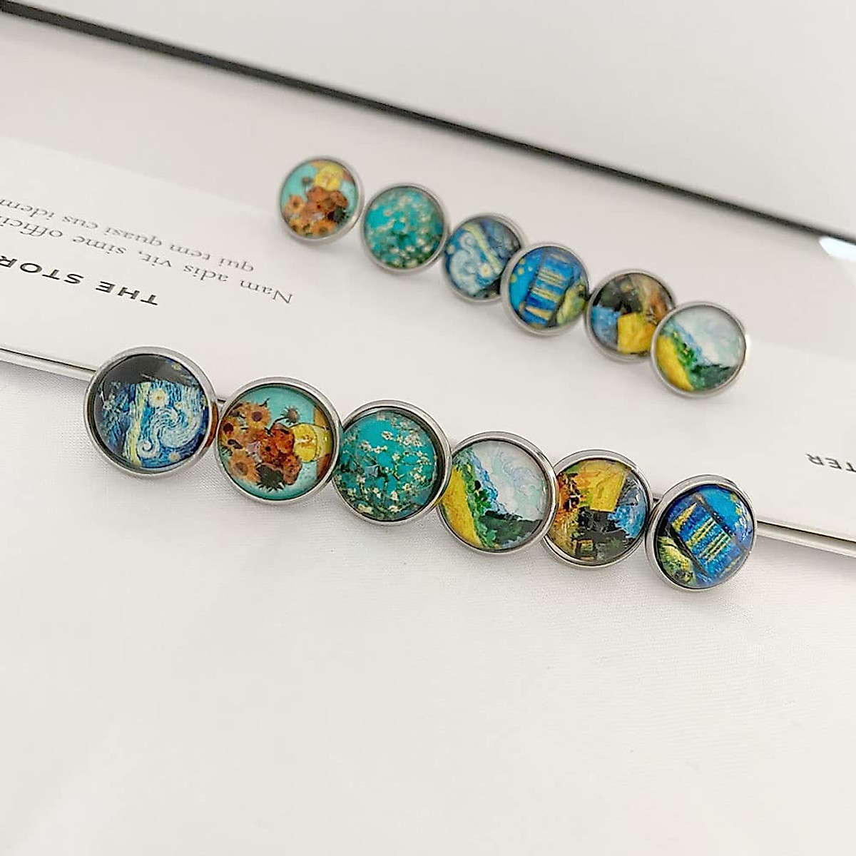 6 Pairs Van Gogh Painting Glass Ball Earrings Van Gogh Starry Sky Starry Night Sunflower Oil Painting Stud Earring Set for Women (Colours-6Pc)