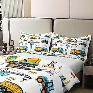 Erosebridal Kids Construction 100% Cotton Twin Bedding Sets for Boys,Excavator Trucks Comforter Cover Cartoon Tractor Car Vehicle Toddler Bed Set Yellow Blue (1 Duvet Cover and 1 Pillow Case)